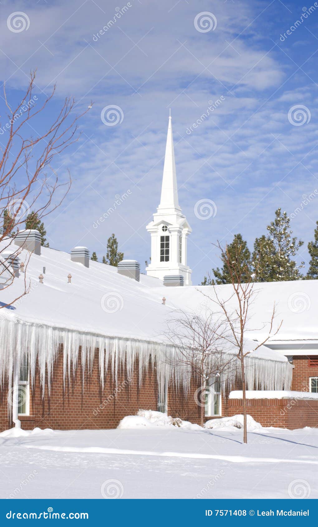 Brick Church Covered with Snow and Icicles Stock Photo - Image of ...