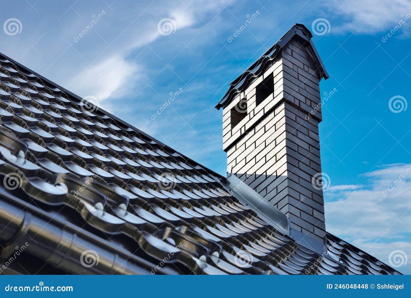 Brick Fireplace Chimney on the Roof and Clouds Blue Sky Stock Photo ...