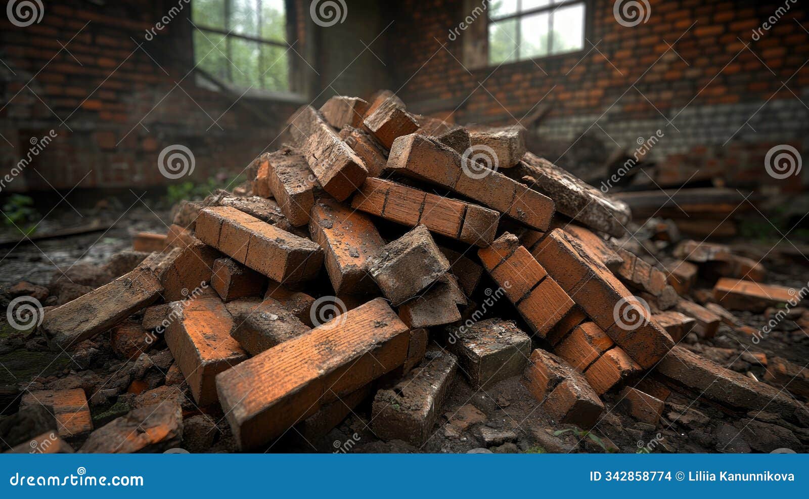 Brick Fragments Lie on the Ground after a Wall Collapse, while ...