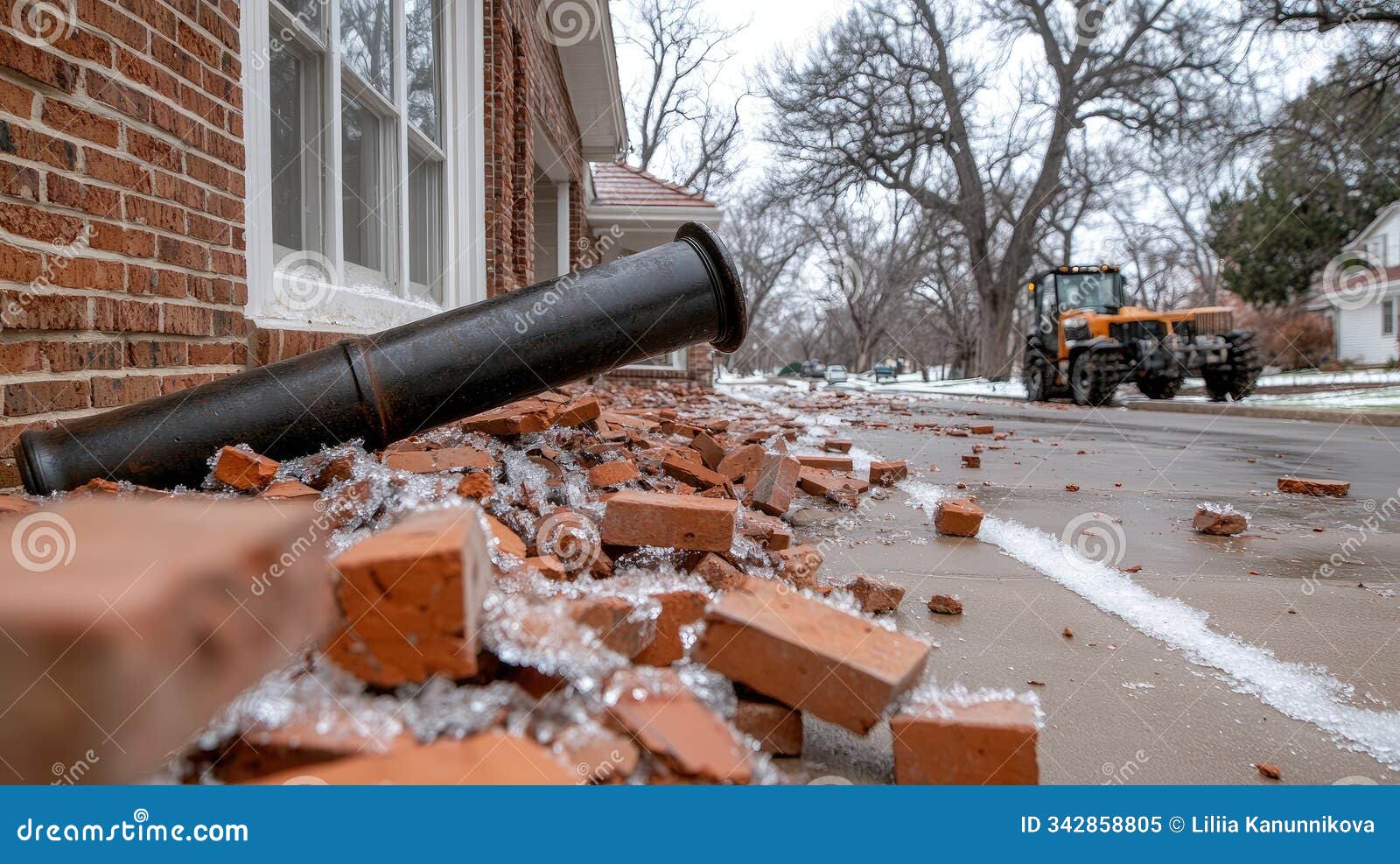 Brick Fragments Lie on the Ground after a Wall Collapse, while ...