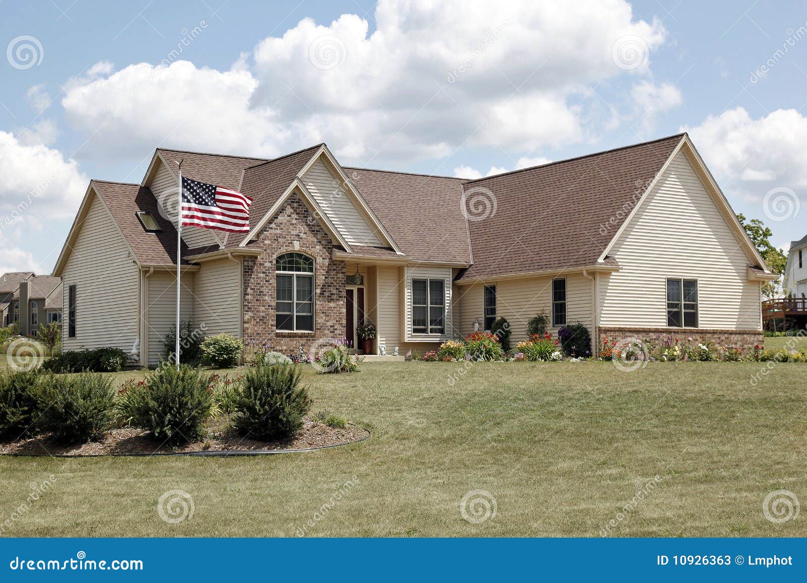 Brick Home with American Flag Stock Image - Image of grand, expensive ...