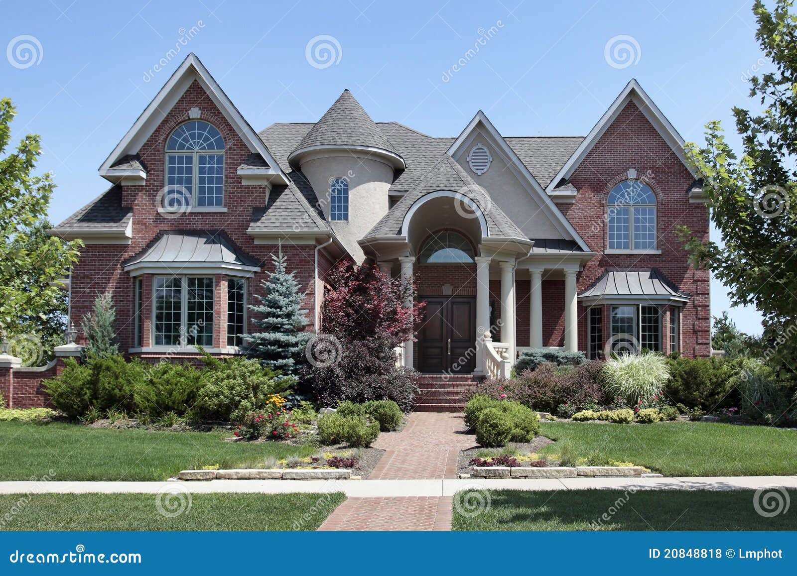 Brick home with turret stock photo. Image of driveway - 20848818