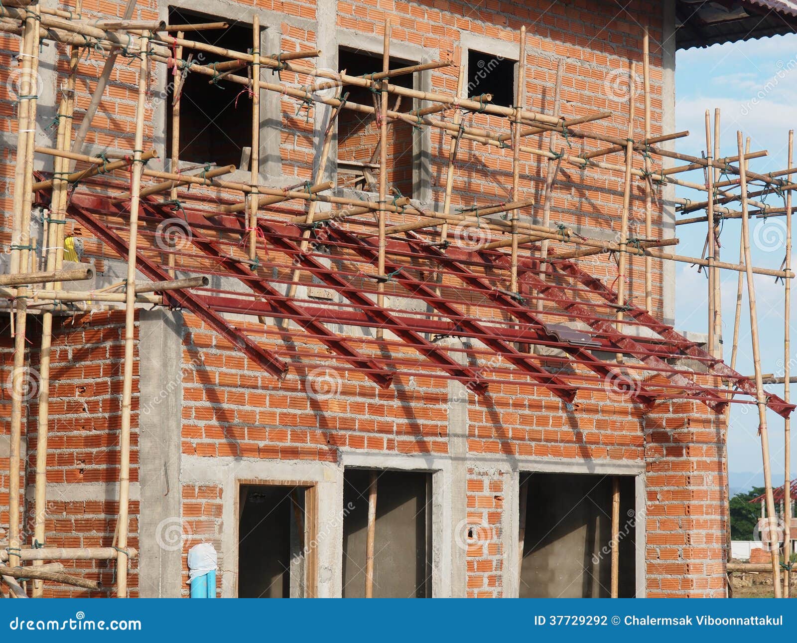 Brick House Under Construction Stock Photo - Image of windows ...