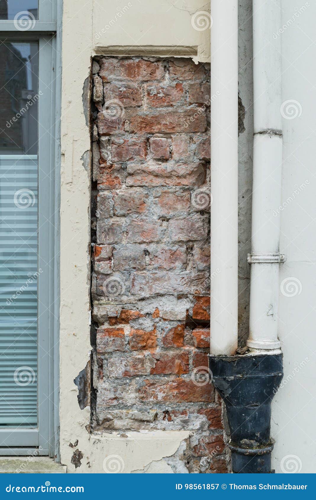 Brick House Wall with Flaking Plaster Stock Image - Image of brick ...