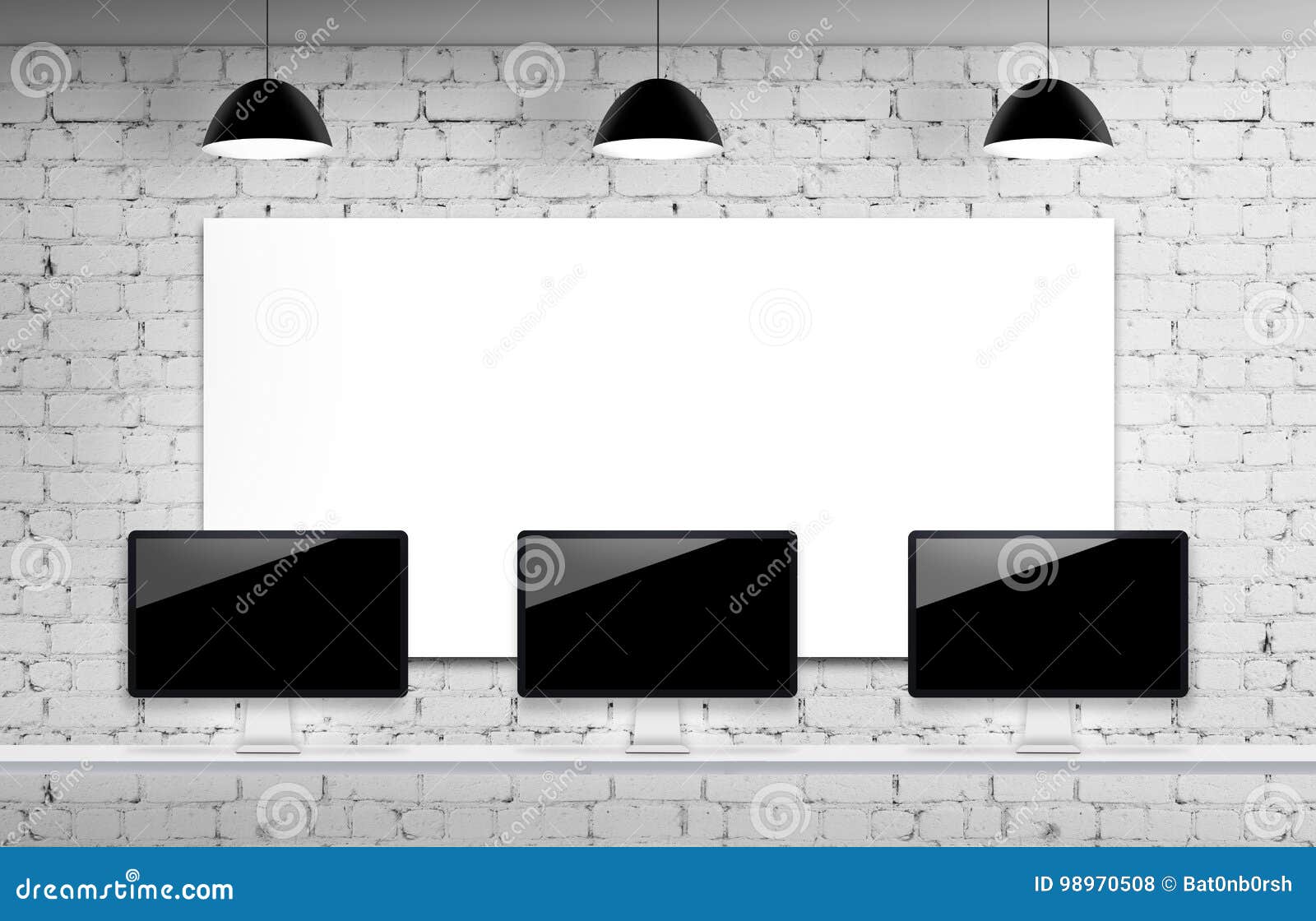 Brick Interior with Three Computer Stock Photo - Image of screen ...