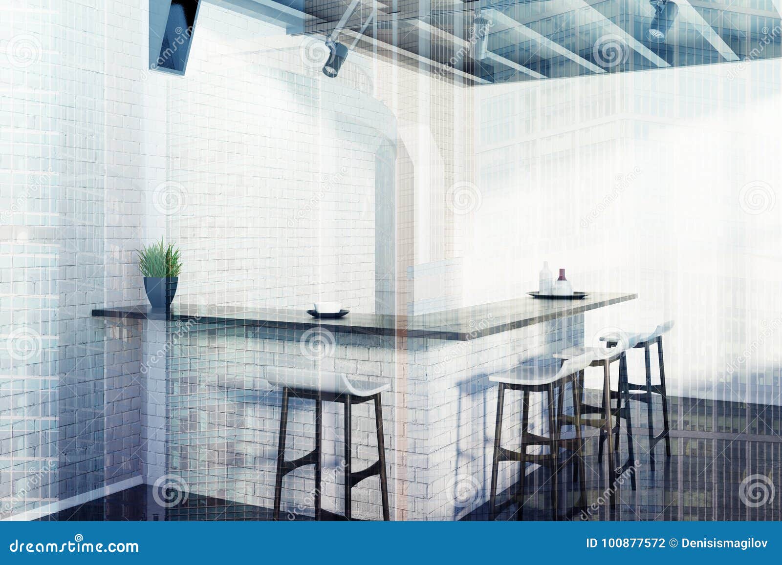 Brick Kitchen Bar, Stools, Gray Corner Double Stock Illustration ...