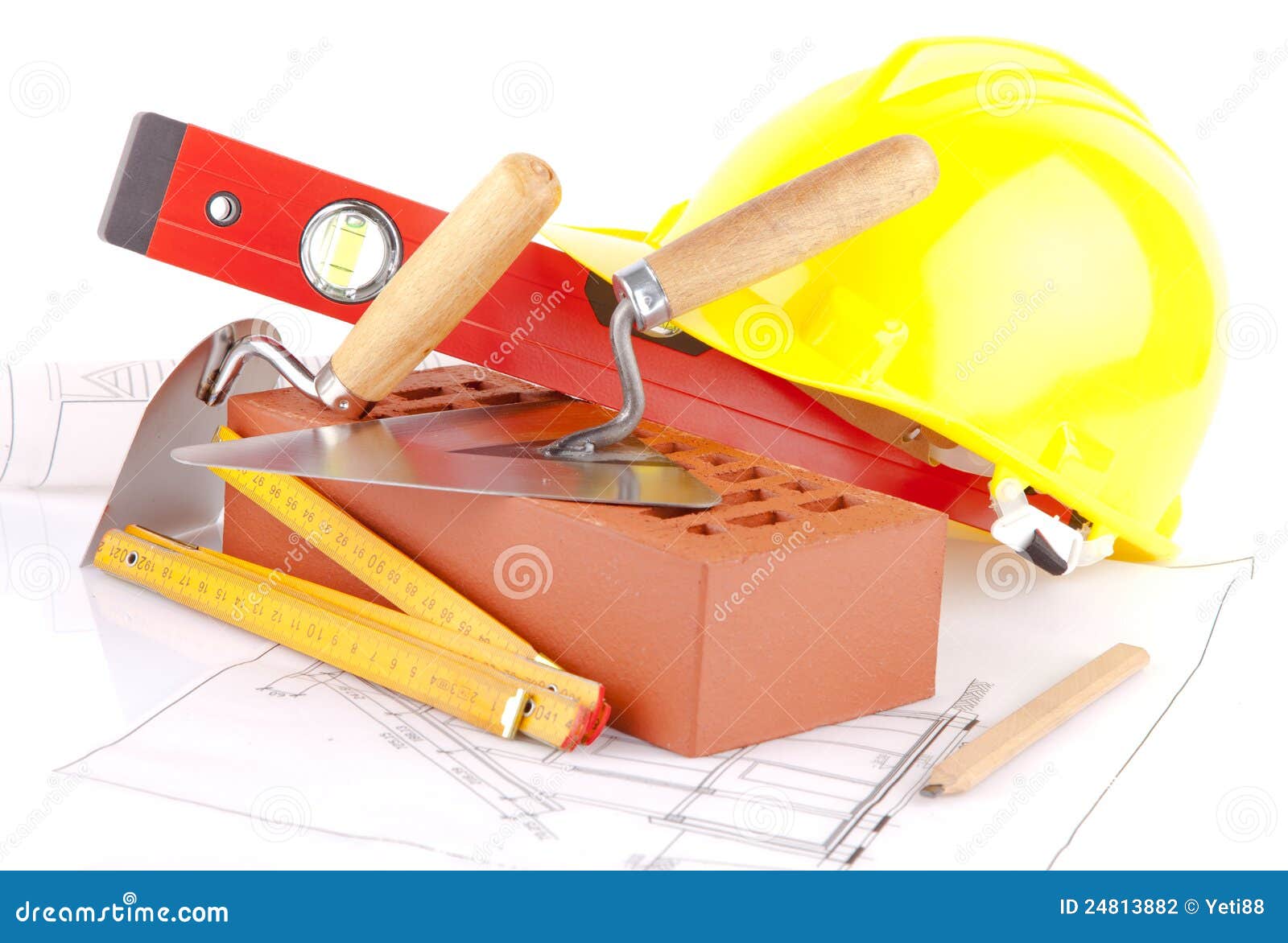 Brick and Mason Construction Tools Stock Photo - Image of hardhat, home ...