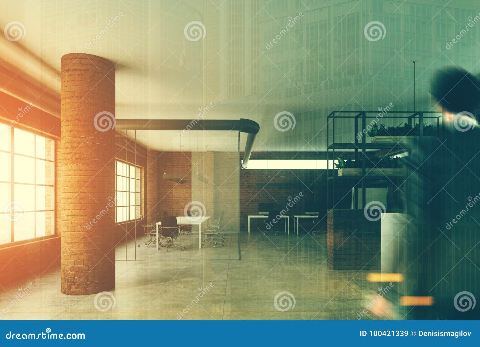 Brick Office with a Reception and Columns, Man Stock Image - Image of ...