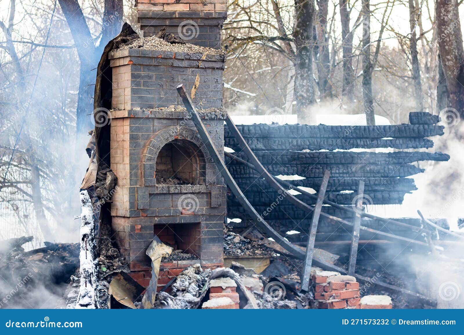 Brick Oven at the Site of the Ruins of a Burnt House, Thick Smoke after ...