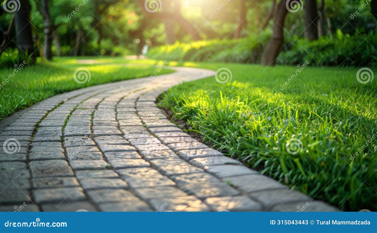 Brick Pathway in Park with Grass Stock Image - Image of pathway ...