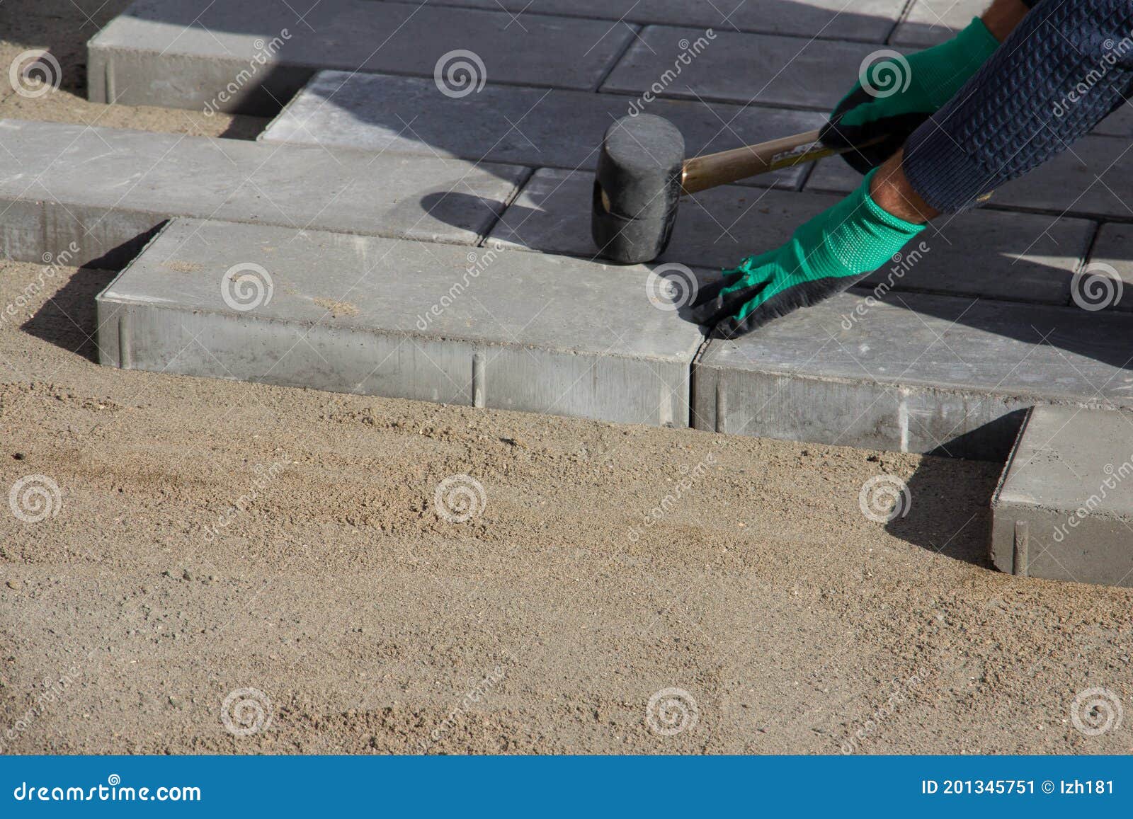 Brick Paver Working. Worker Lay Paving Tiles, Construction of Brick ...