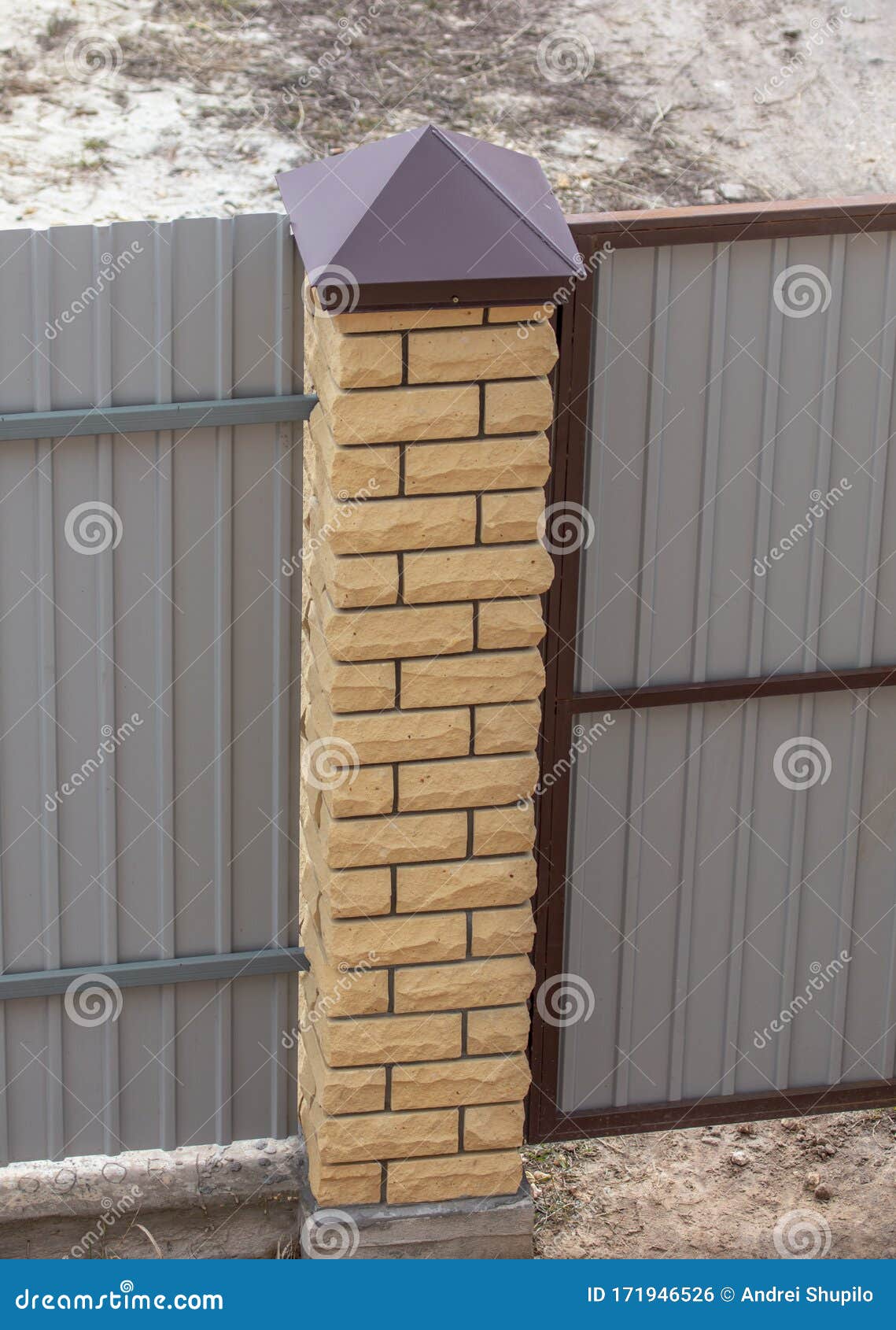 Brick pillar in the fence stock photo. Image of isolated - 171946526
