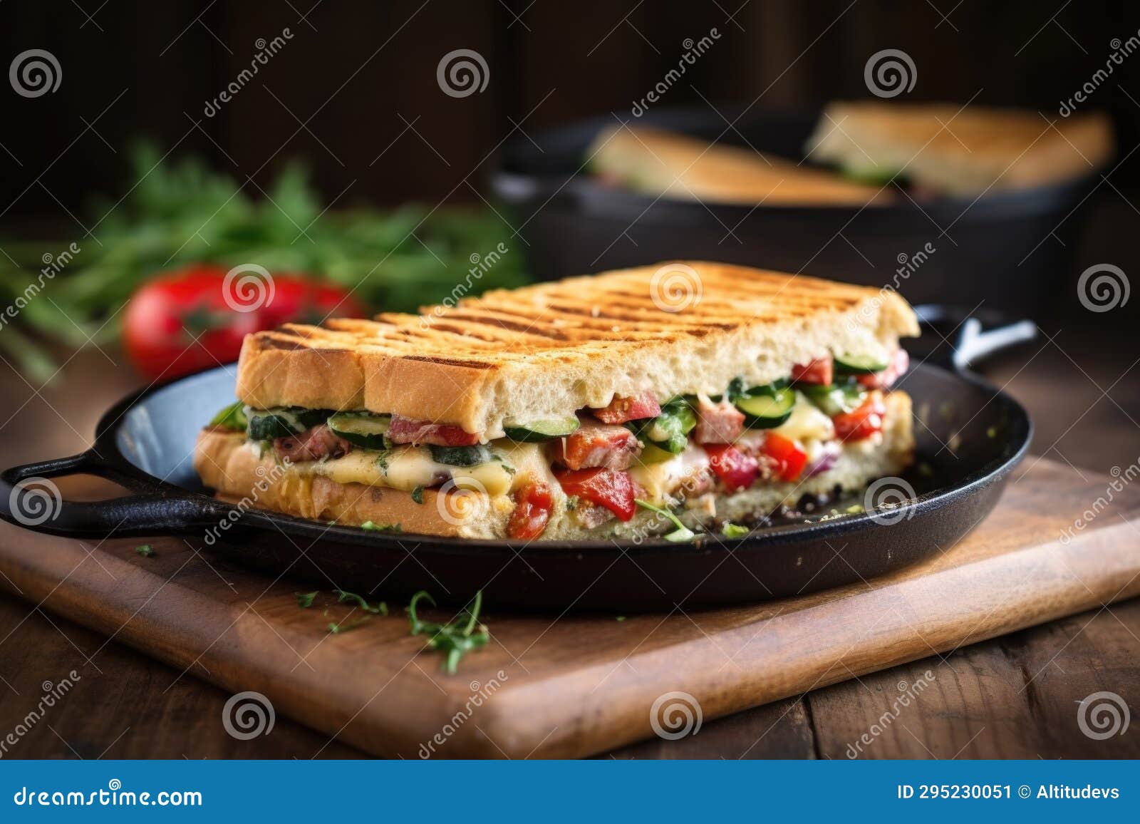 Brick-pressed Gourmet Grilled Sandwich in a Cast Iron Griddle Stock ...