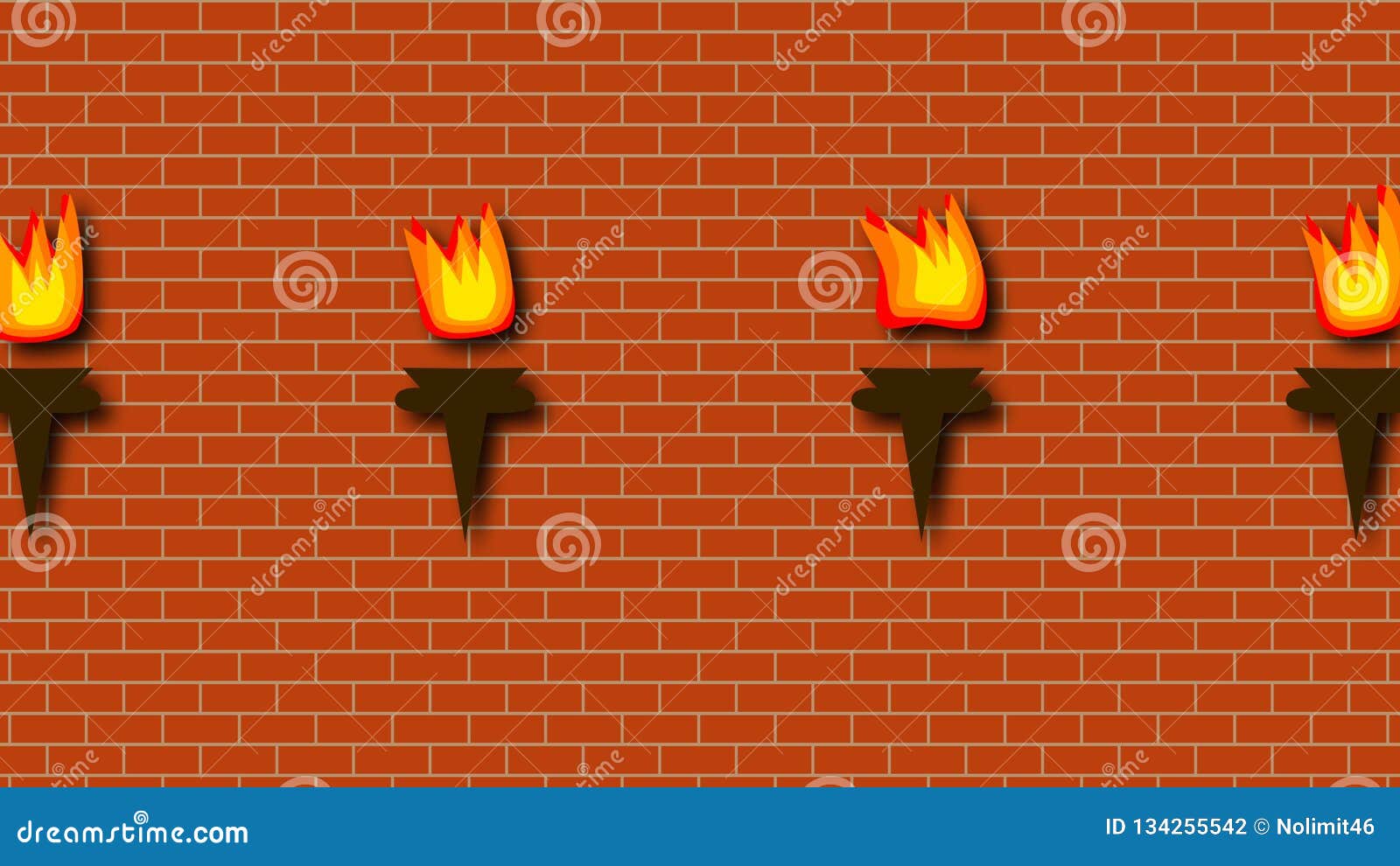 Brick Red Wall with Burning Bright Torches in Cartoon Style, 3d ...