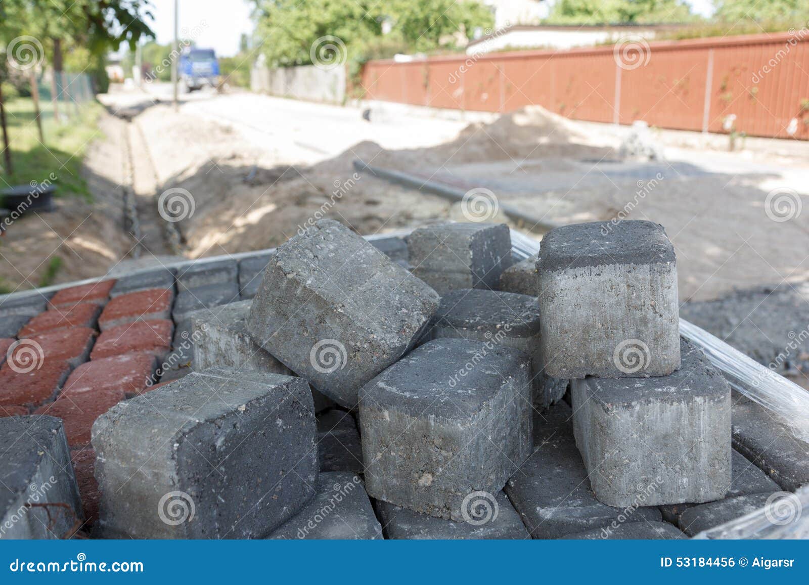 Brick road construction stock photo. Image of pavement - 53184456