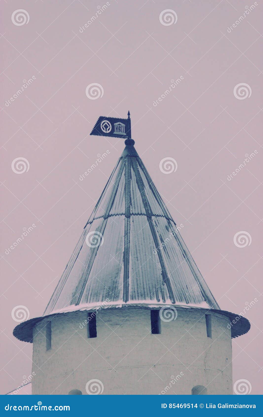 Brick round corner tower stock photo. Image of clouds - 85469514