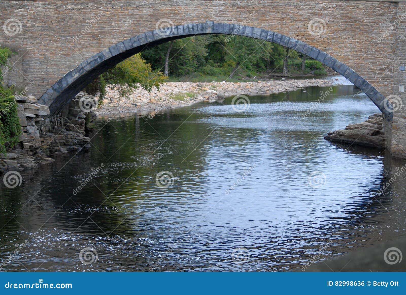 The Brick and Stone Base of Bridge Spanning Moving River Stock Photo ...