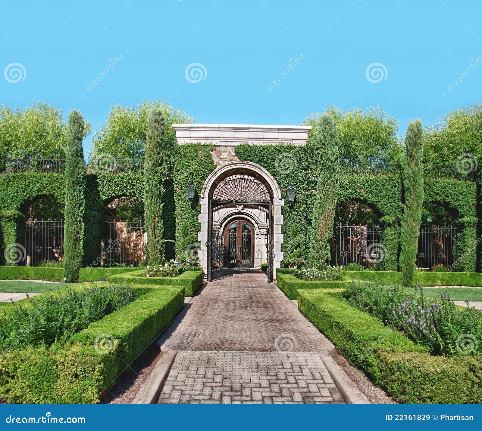 Brick Stone Garden Path and Topiary Stock Image - Image of pathway ...