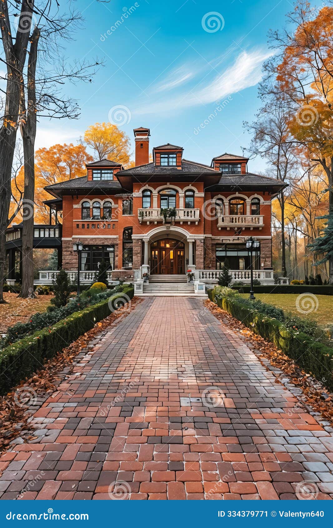 A Brick Walkway Leads To a Large Brick House in the Fall Stock Image ...