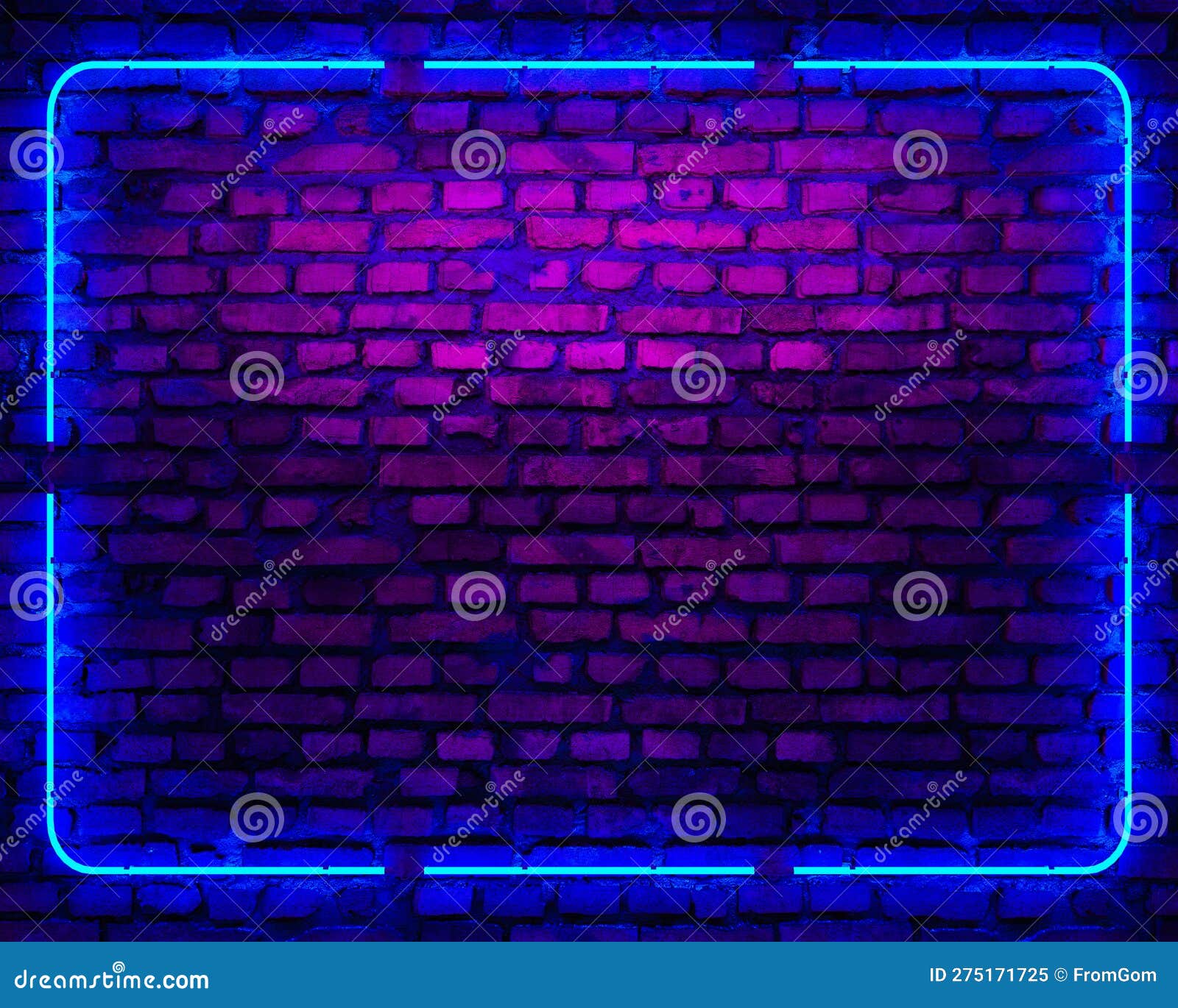 Brick Wall, Background, Blue Light Neon Frame. Neon Room. 3d Render ...