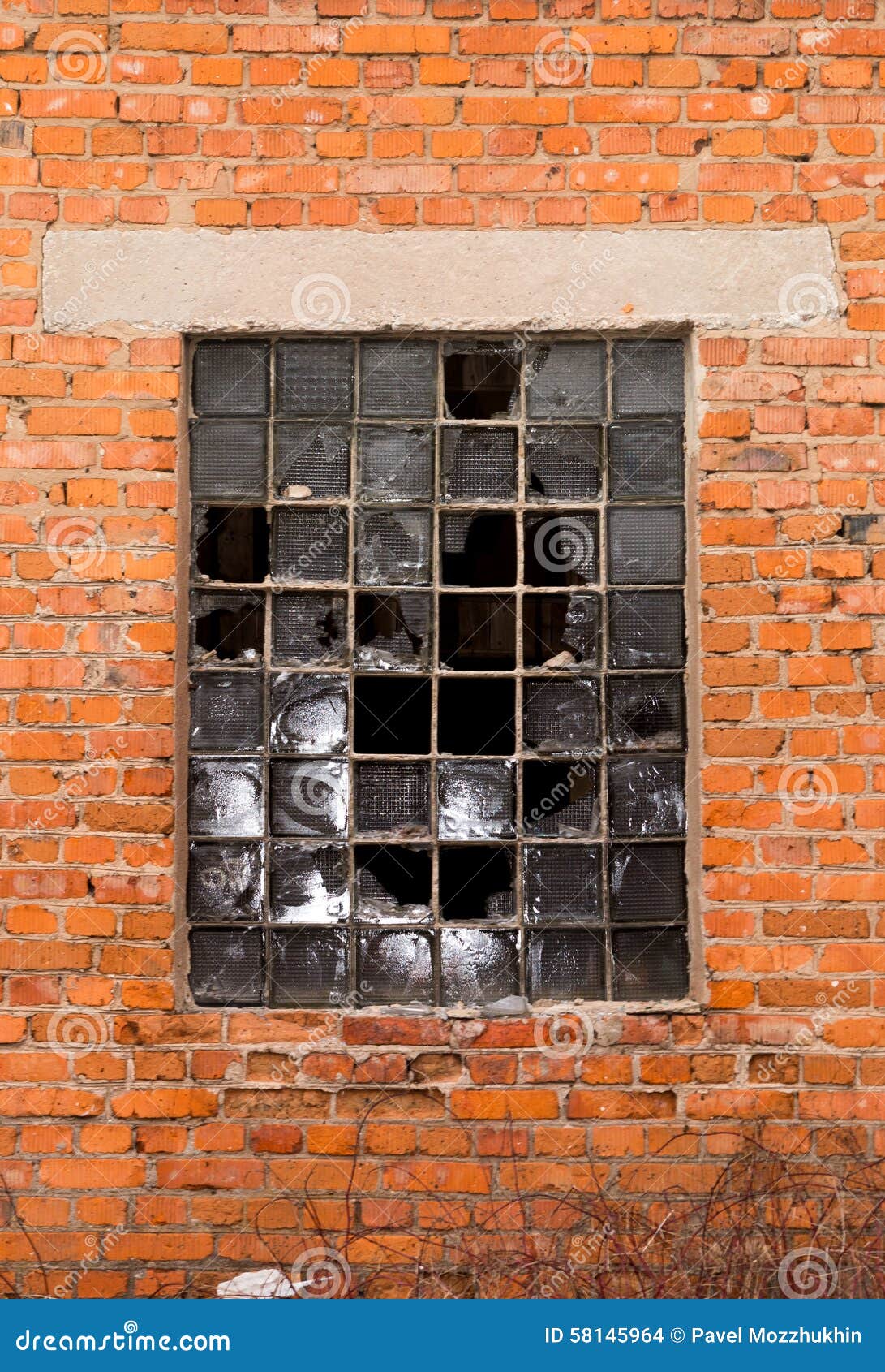 Brick wall , broken window stock photo. Image of damaged - 58145964