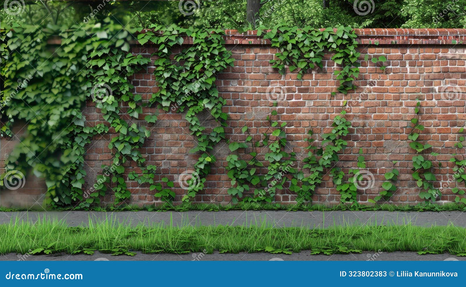 A Brick Wall Covered in Green Ivy Vines, with a Grassy Patch in the ...