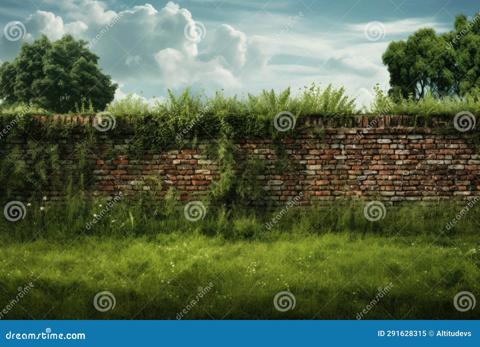A Brick Wall Dividing a Green Meadow Stock Image - Image of wall ...