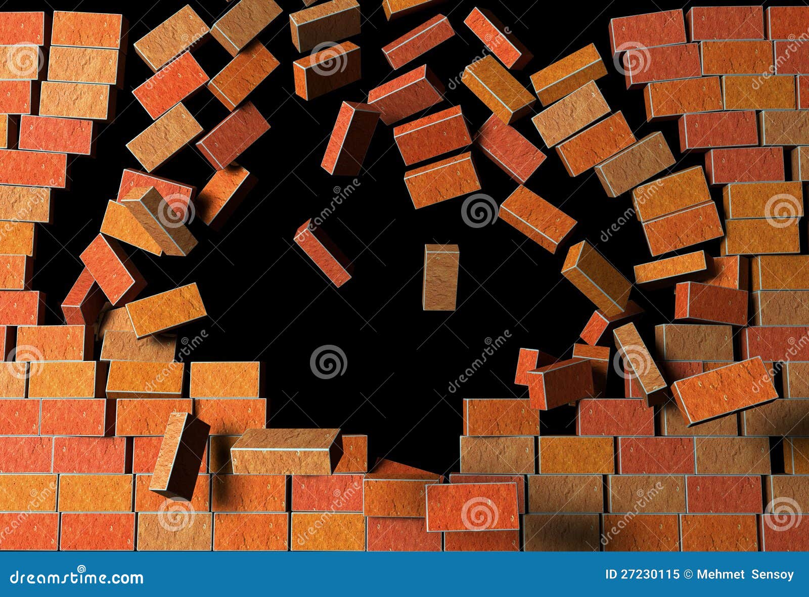 Brick Wall Explodes on Black Background Stock Illustration ...