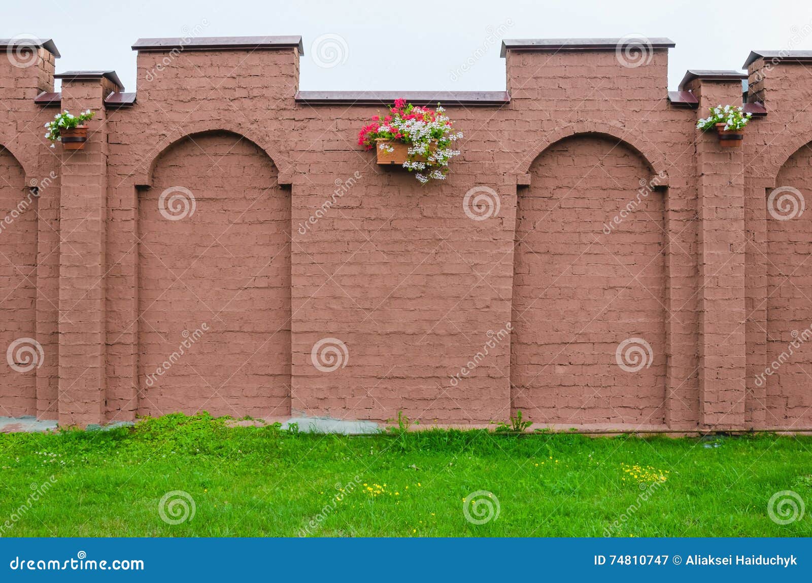 Brick Wall with Flower Pots Stock Image - Image of outdoors, wall: 74810747