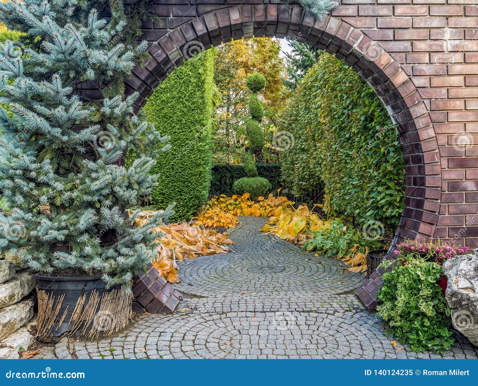 Brick Wall Gate in the Garden Stock Image - Image of evergreen, garden ...