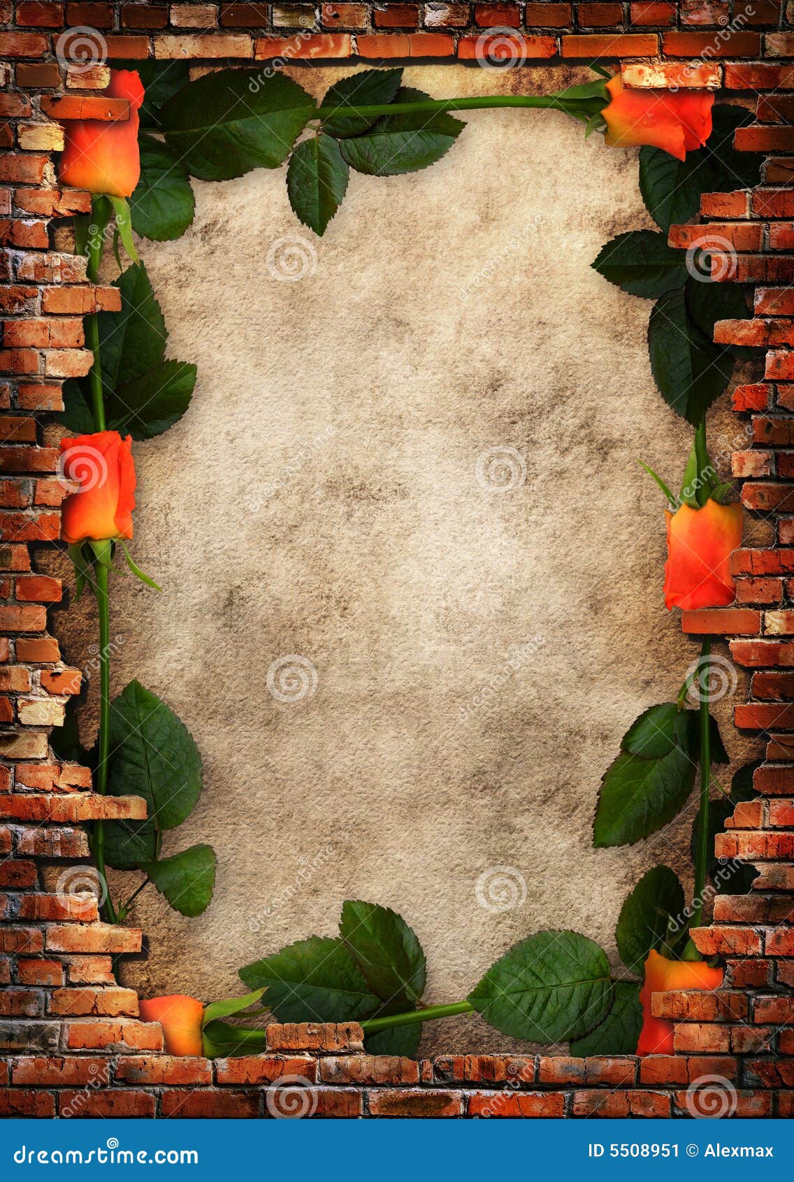 Brick Wall Grungy Frame with Red Roses Stock Image - Image of book ...