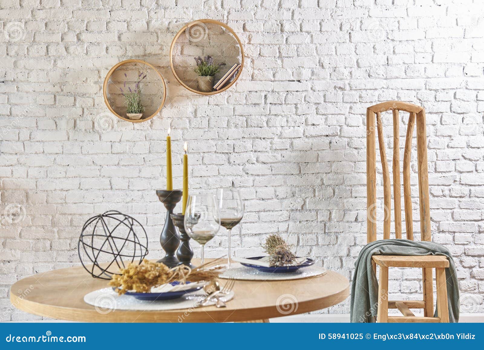 Brick Wall Interior with Round Frame and Table Stock Image - Image of ...