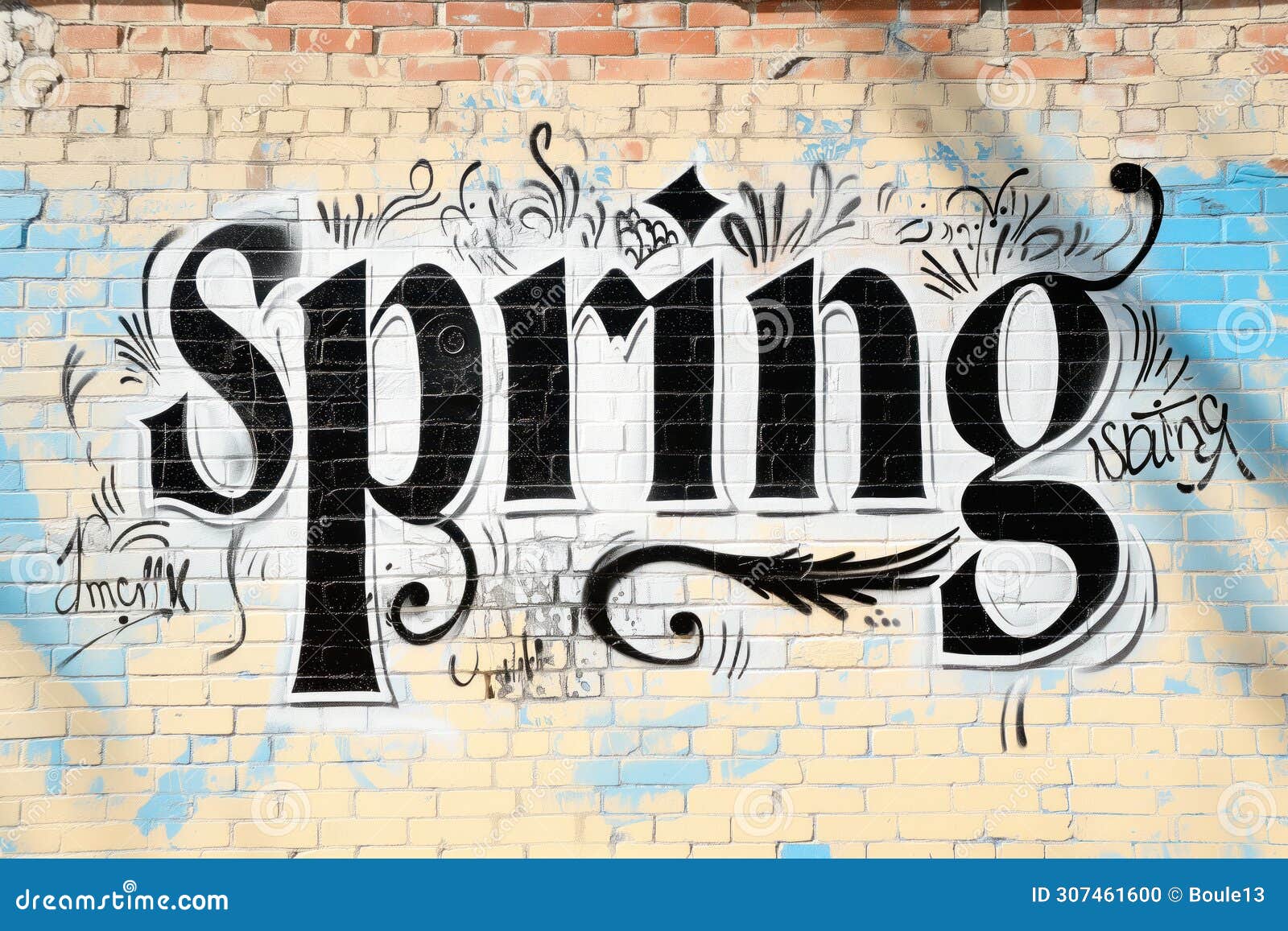 Brick Wall Intricately Painted with the Word Spring in Bold Letters ...