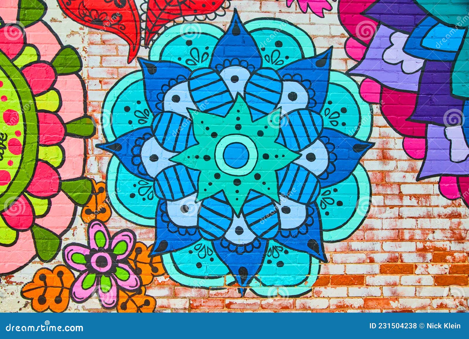 Brick Wall with Mural of Colorful Flower Patterns Editorial Stock Photo ...