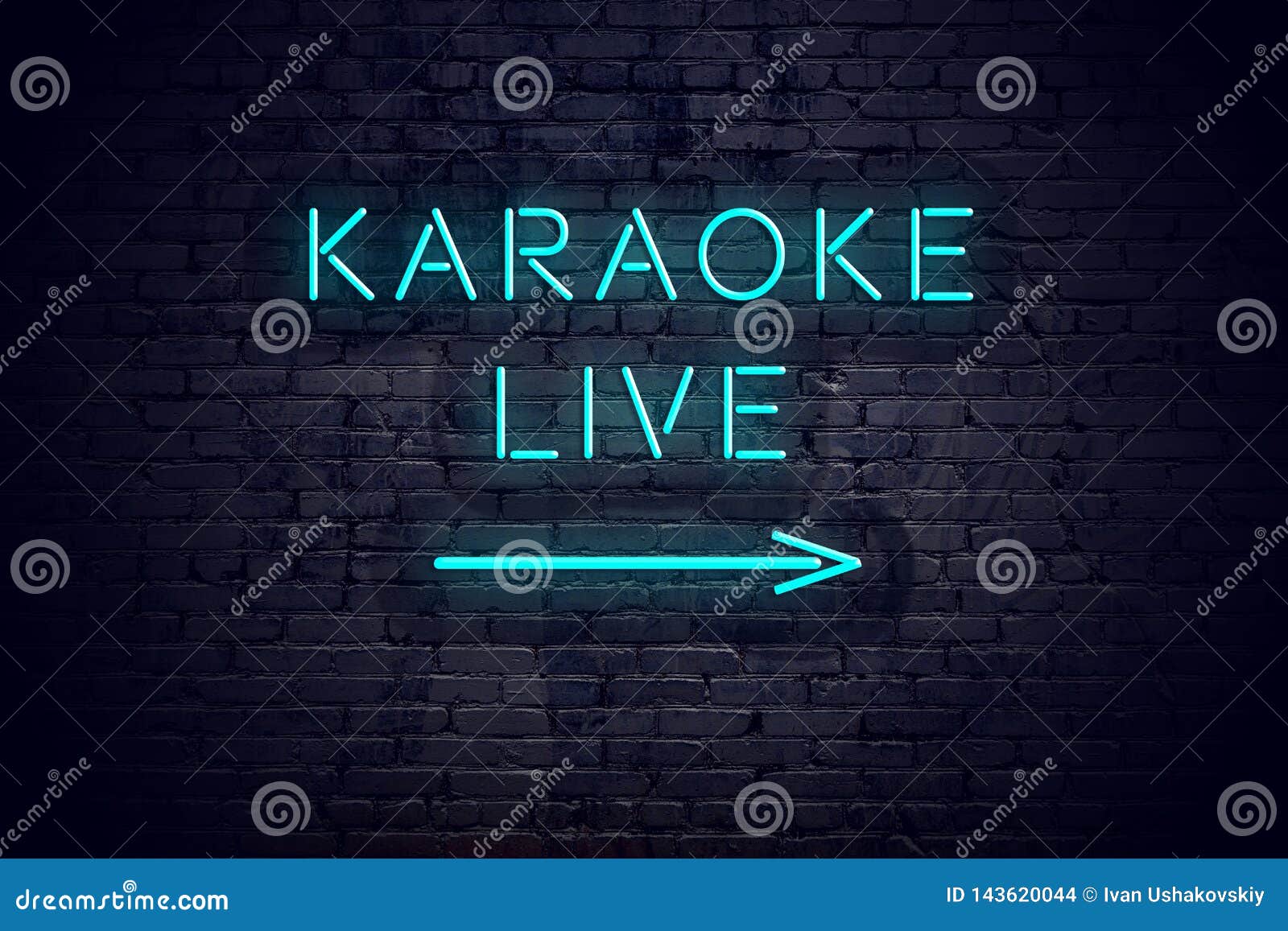 Brick Wall with Neon Arrow and Sign Karaoke Live. Stock Illustration ...