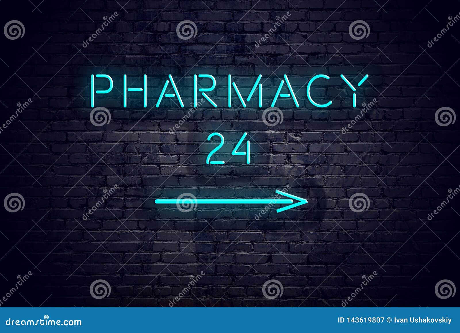 Brick Wall with Neon Arrow and Sign Pharmacy 24. Stock Illustration ...