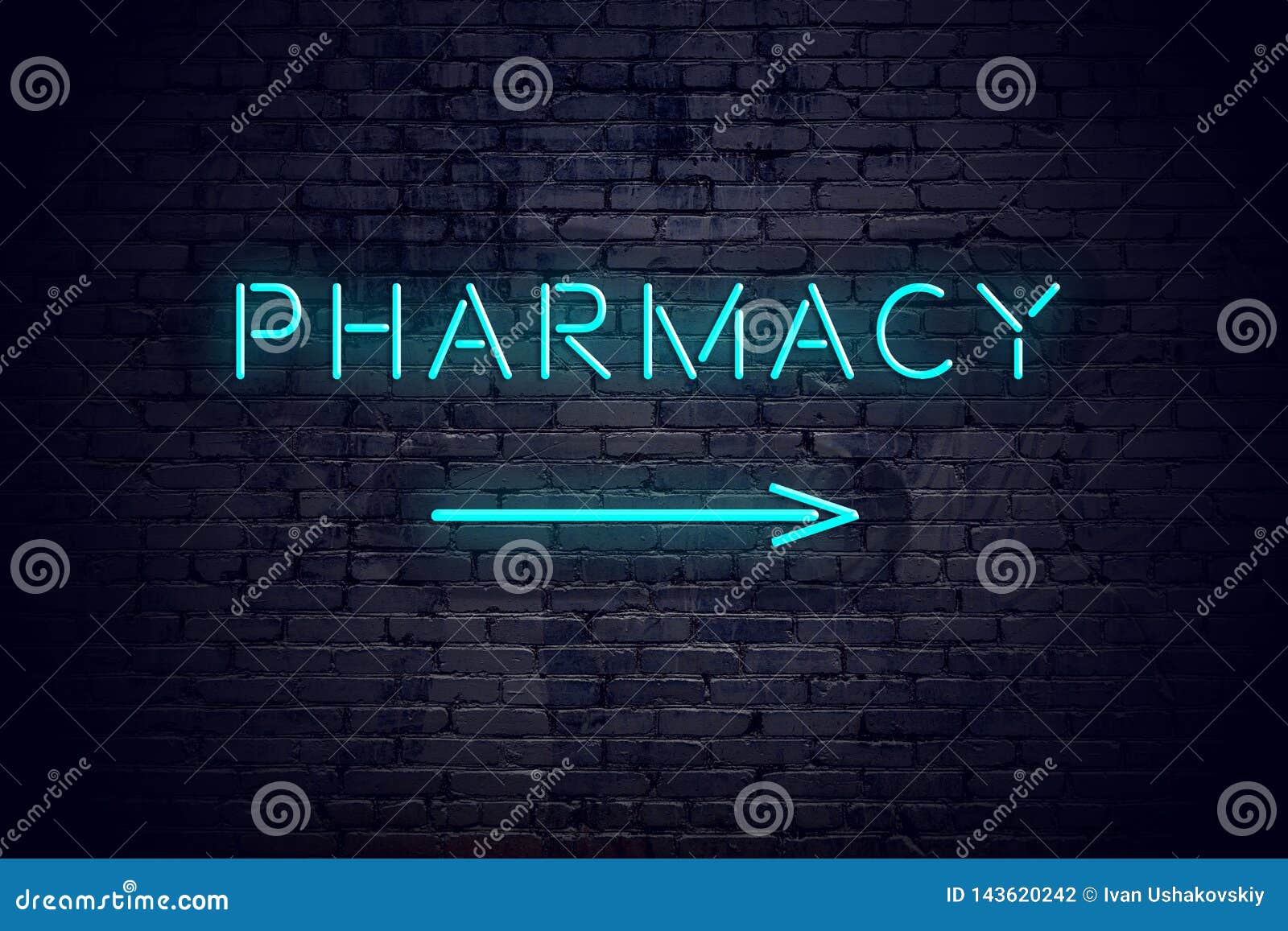 Brick Wall with Neon Arrow and Sign Pharmacy. Stock Illustration ...