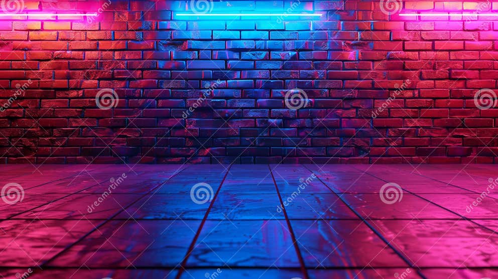 Brick Wall with Neon Lights and Tile Floor Stock Photo - Image of neon ...
