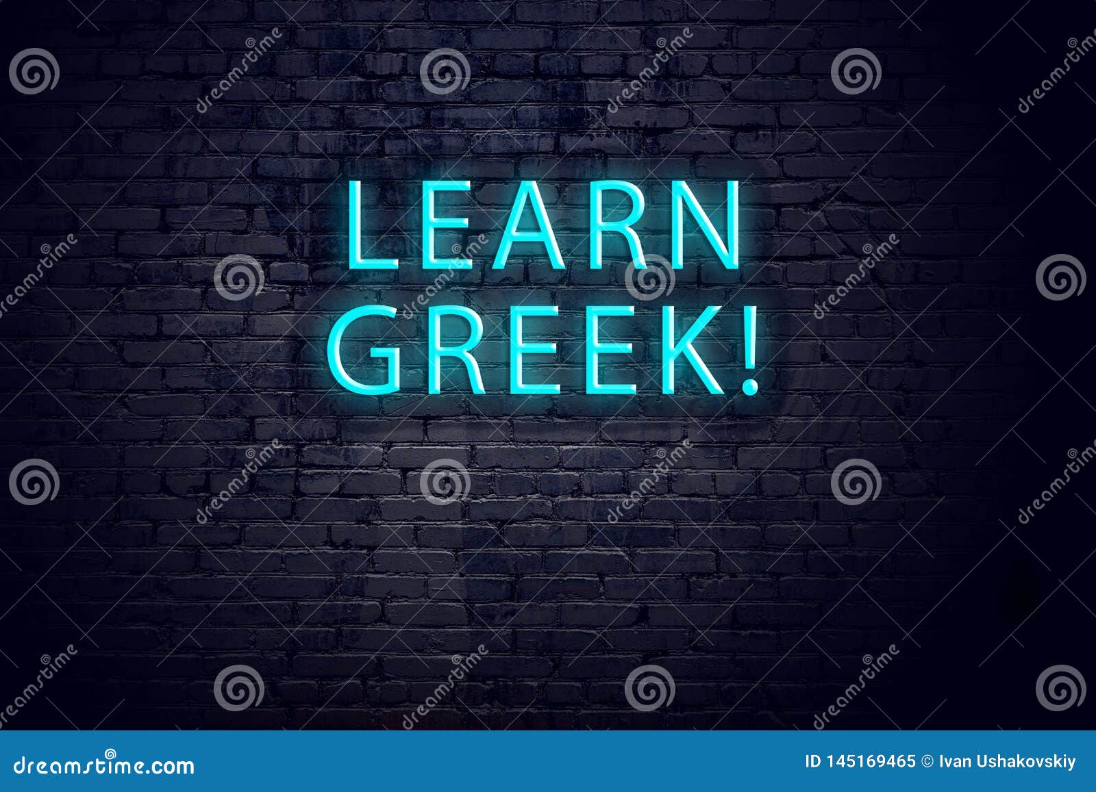 Brick Wall and Neon Sign with Inscription. Concept of Learning Greek ...