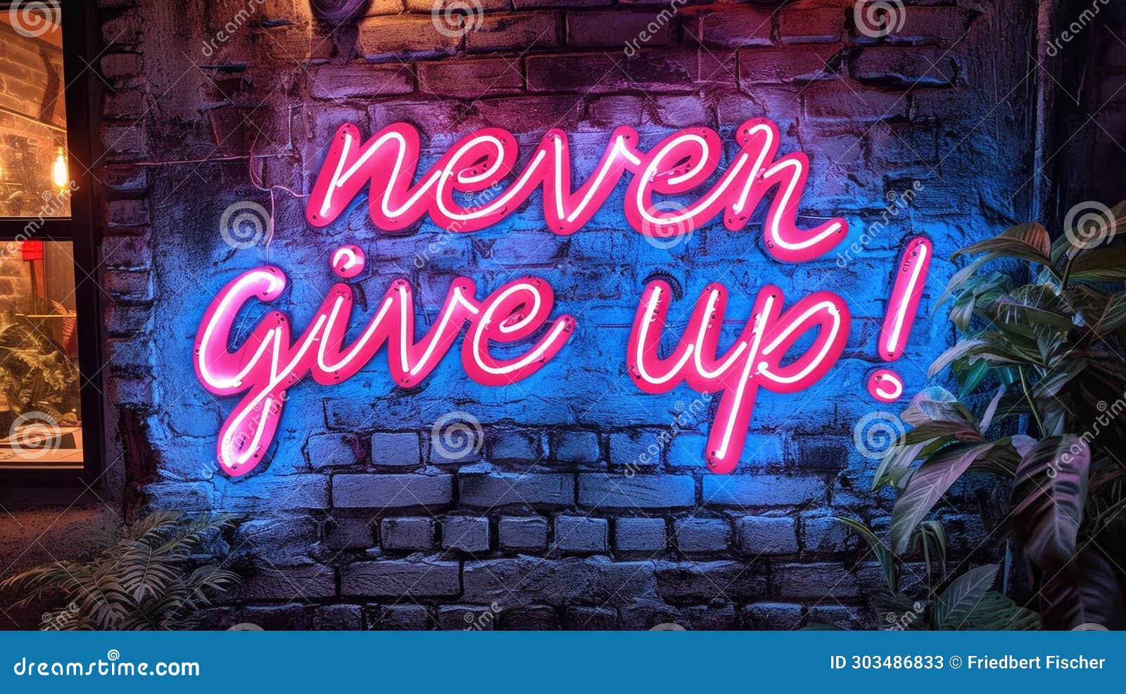 A Brick Wall with a Neon Sign that Says Never Give Up Stock Image ...
