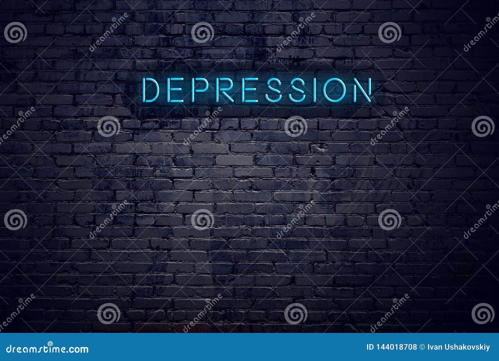 Brick Wall and Neon Sign with Text Depression Stock Photo - Image of ...