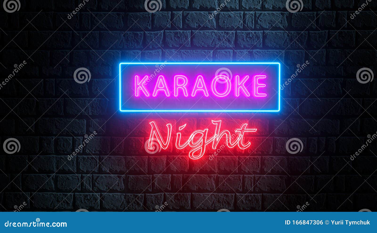 Brick Wall At Night With Neon Sign Karaoke Night Advertising Bright