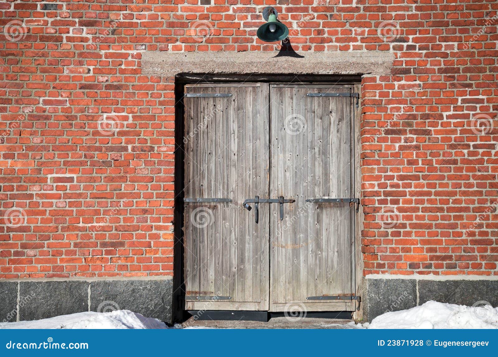 Brick Wall of with Old Wooden Gate Stock Photo - Image of architecture ...