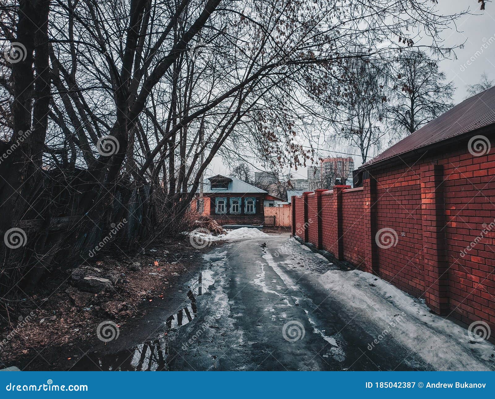 A Brick Wall Opposite the Trees. Stock Image - Image of road, trees ...