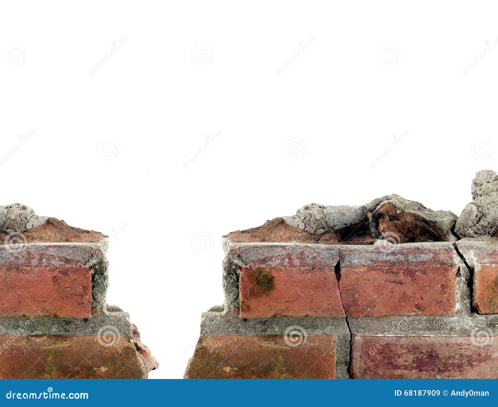 Close-up Ruined Red Brick Wall Isolated on White Background Stock Image ...