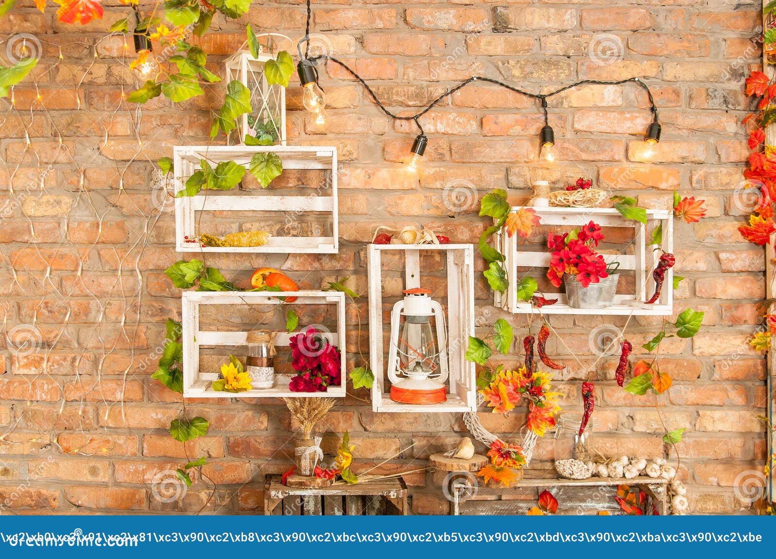 Brick Wall with Shelves of Autumn Leaves. Stock Photo - Image of design ...
