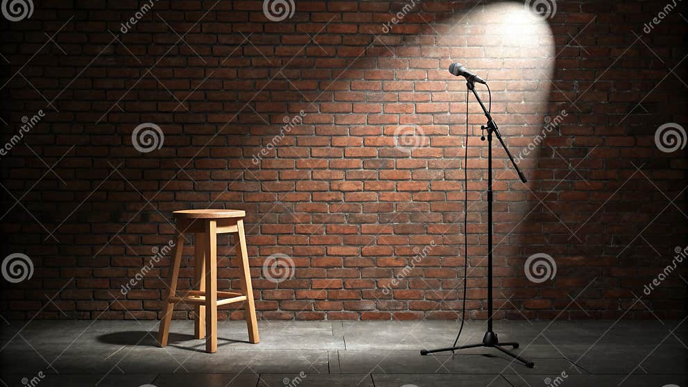 Brick Wall Stand-Up Comedy Stage Mic, Stool, Spotlight Stock ...