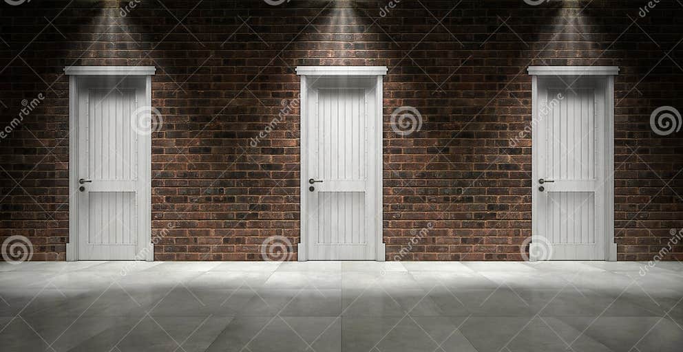 Brick Wall with Three Closed Doors Stock Illustration - Illustration of ...