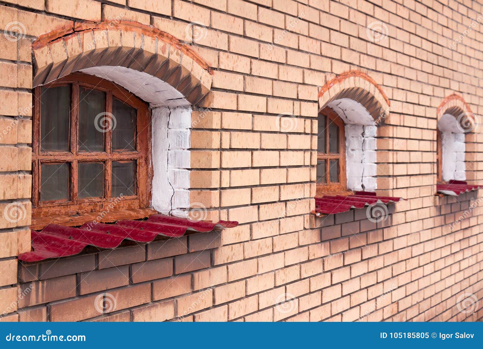 Brick Wall with Three Windows in Perspective Stock Image - Image of ...
