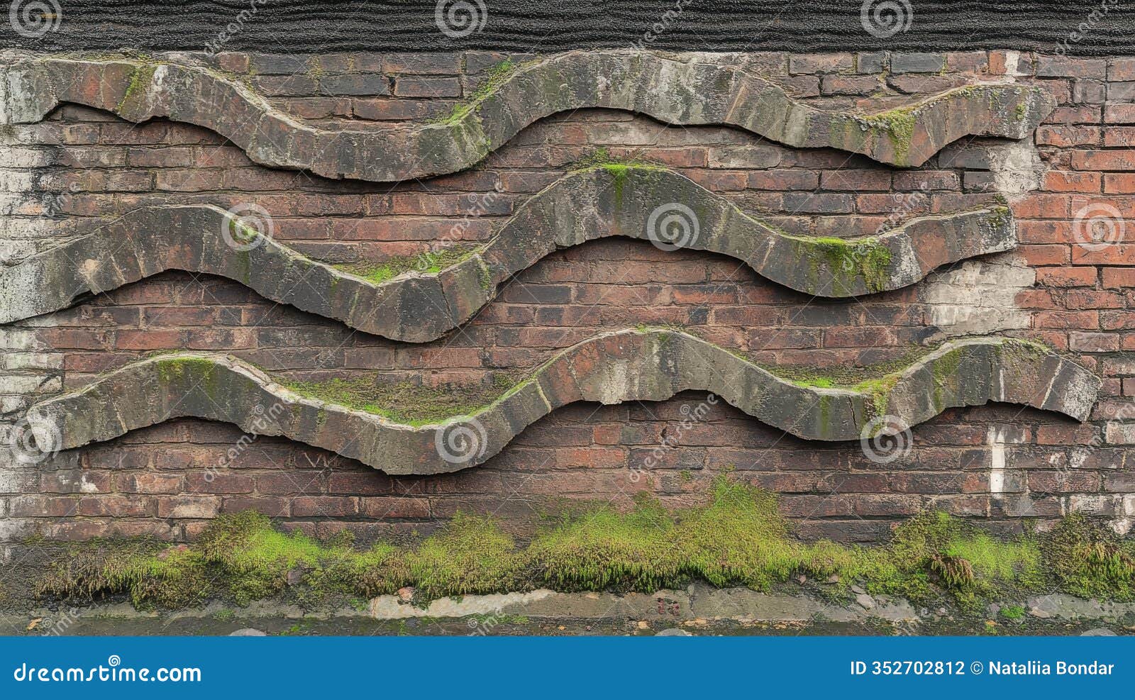 Brick Wall with Wavy Concrete Lines and Green Moss Texture for Urban ...